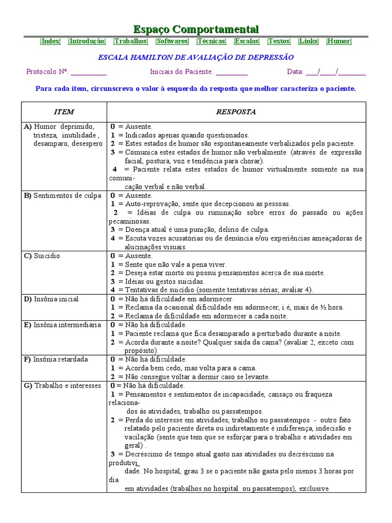 Escala Hamilton para avaliação de depressão | PDF | Depressão ...