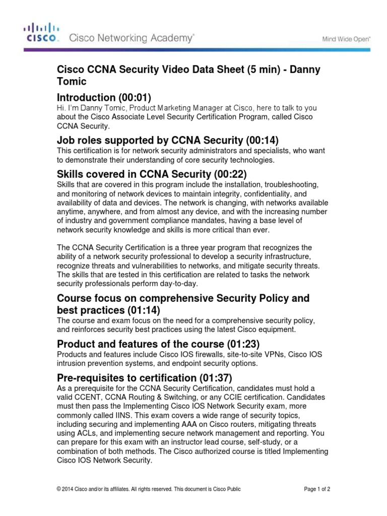 Cisco CCNA Security Video Data Sheet | PDF | Cisco Certifications ...