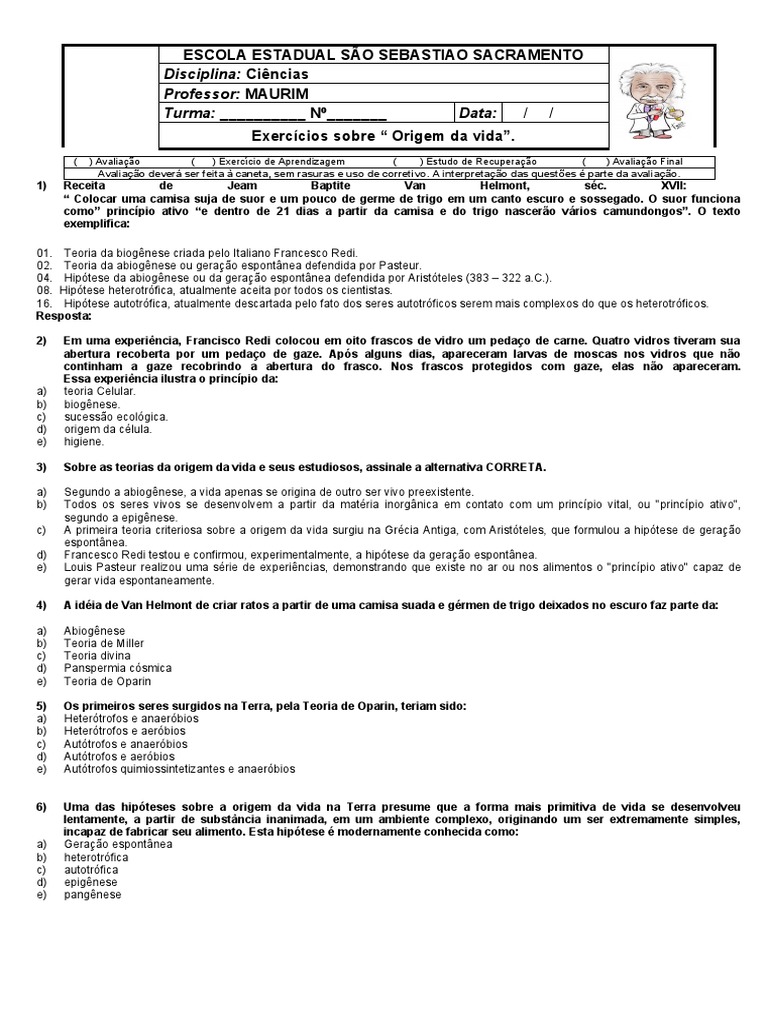 Origem Da Vida Exercicios | PDF | Abiogênese | Vida Origem Da Vida Exercicios | PDF | Abiogênese | Vida