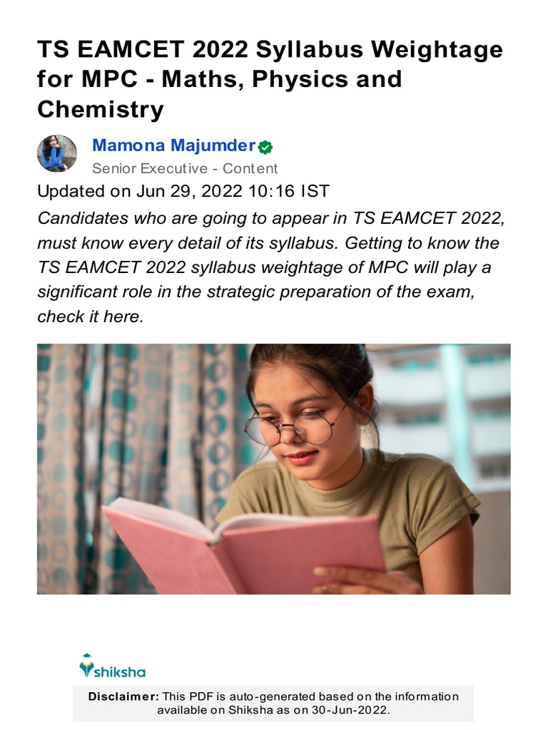 TS EAMCET 2022 Syllabus Weightage For MPC - Maths, Physics and Chemistry | PDF | Trigonometry ...