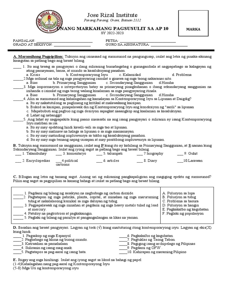 1st Monthly Exam Ap10 | PDF