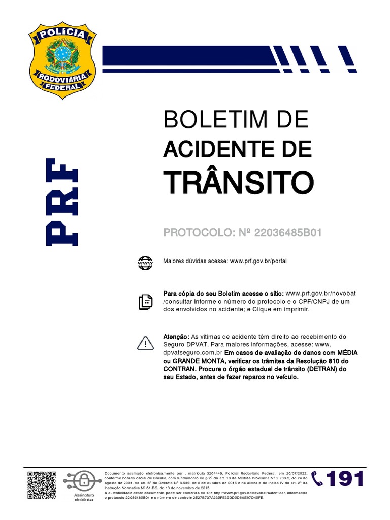 22036485B01 Boletim de Acidente de Transito | PDF | Tráfego | Carteira de Motorista