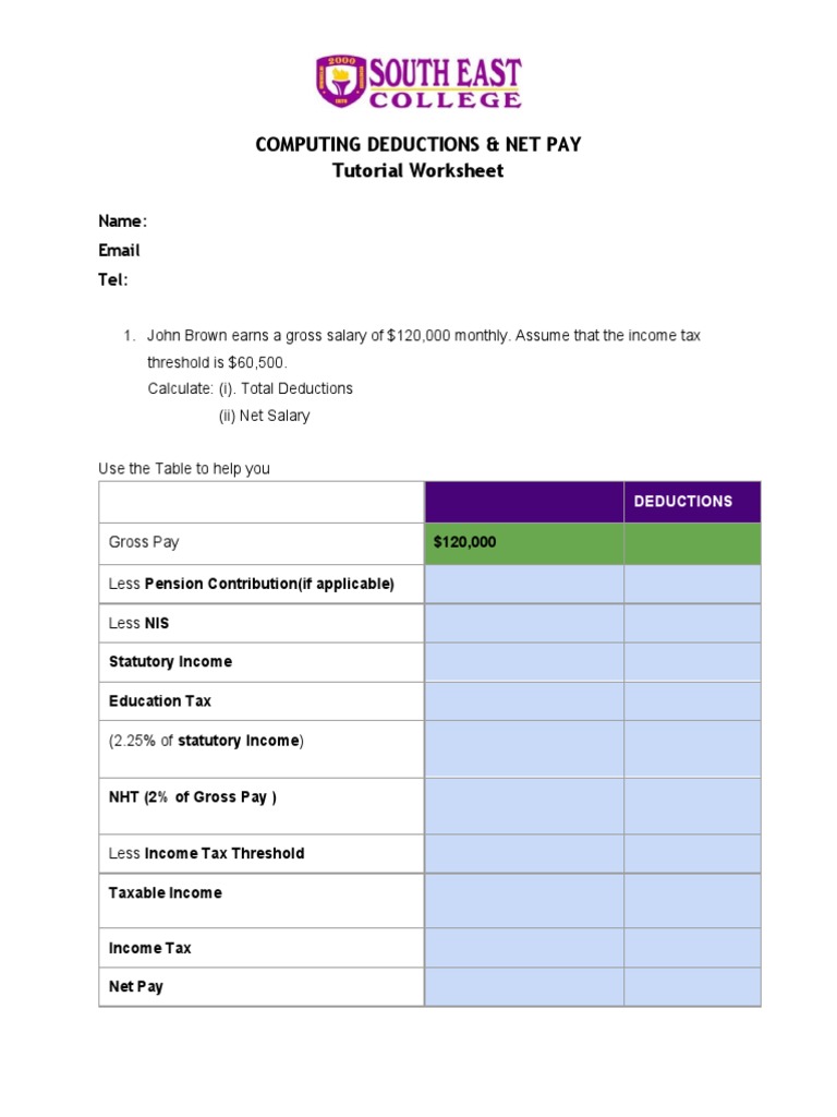 Computing Deductions & Net Pay Tutorial Worksheet: Name: Email Tel | PDF