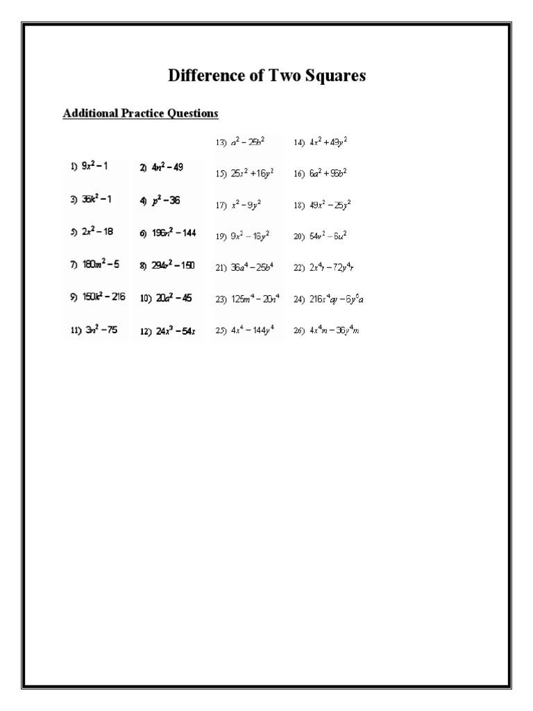 Difference Of Two Squares Practice ions PDF