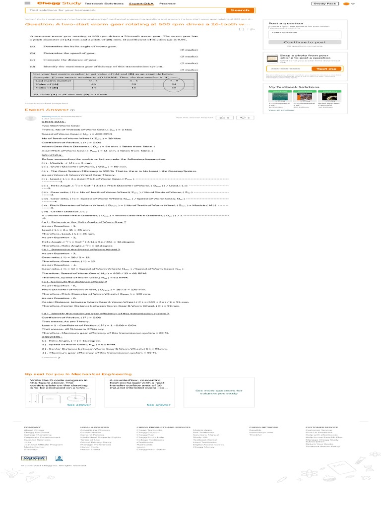 A Two-Start Worm Gear Rotating at 800 RPM Drives A... | PDF | Gear ...