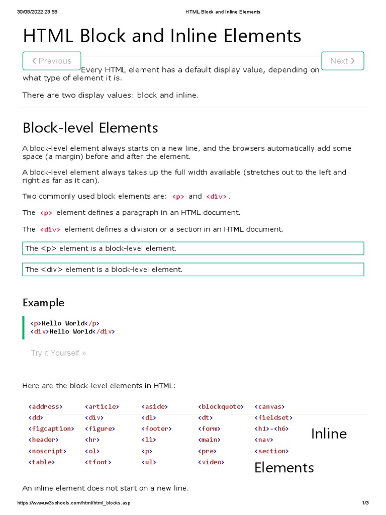 HTML Block and Inline Elements | PDF | Html Element | Html
