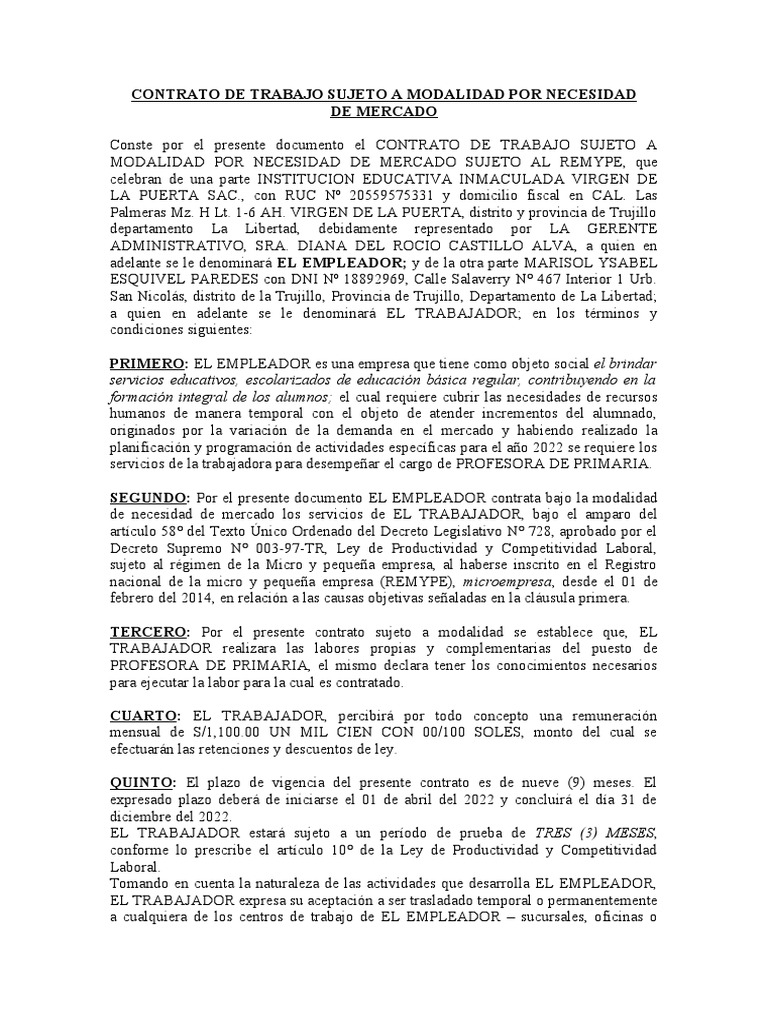 6.contrato de Trabajo Sujeto A Modalidad Por Necesidad Marisol Ysabel ...