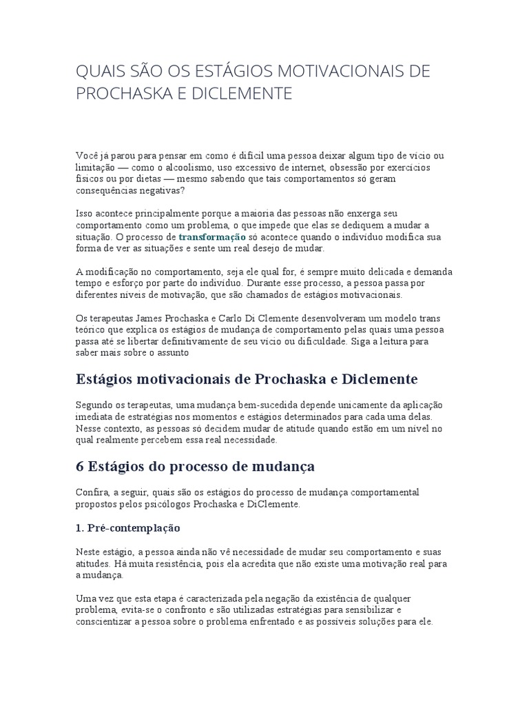 Quais São Os Estágios Motivacionais de Prochaska e Diclemente | PDF ...