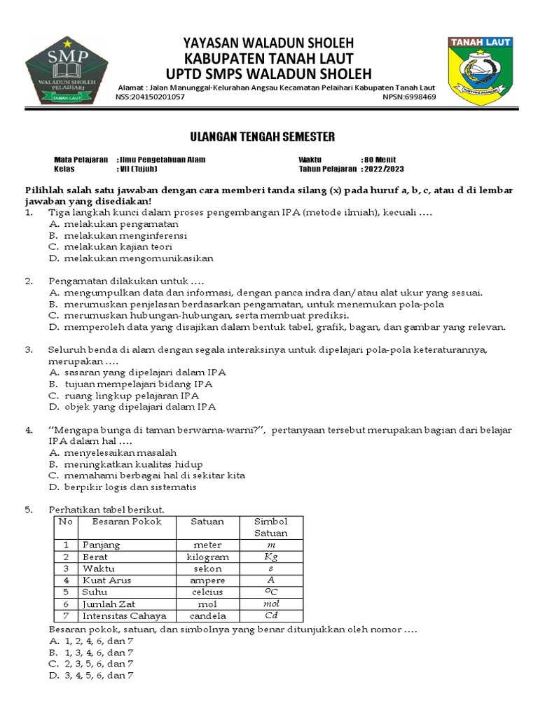 Soal Uts Ganjil - Ipa Kelas 7 - 2022 - Revisi | PDF | Sains & Matematika Soal Uts Ganjil - Ipa Kelas 7 - 2022 - Revisi | PDF | Sains & Matematika