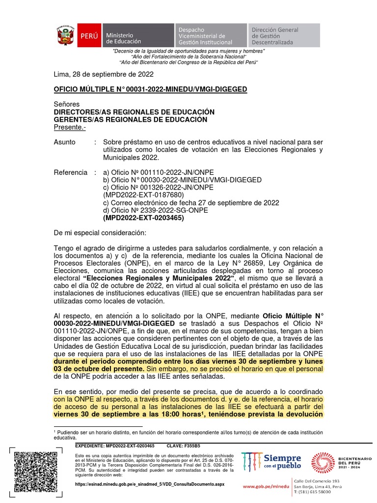 OFICIO - MULTIPLE-00031-202EDU-VMGI-DIGEGED - Préstamo de Local A ONPE ...