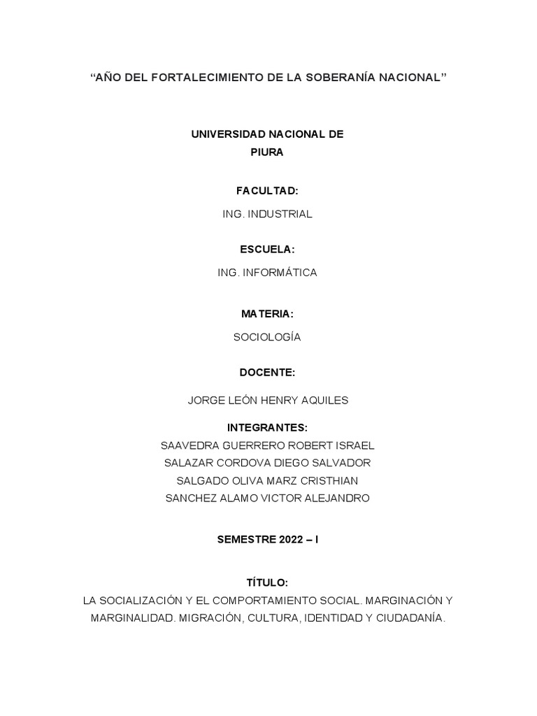 TRABAJO - La Socialización y El Comportamiento Social. Marginación y ...
