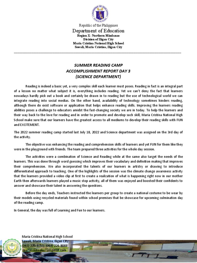 Accomplishment Report Summer Reading Camp 2022 | PDF | Learning ...