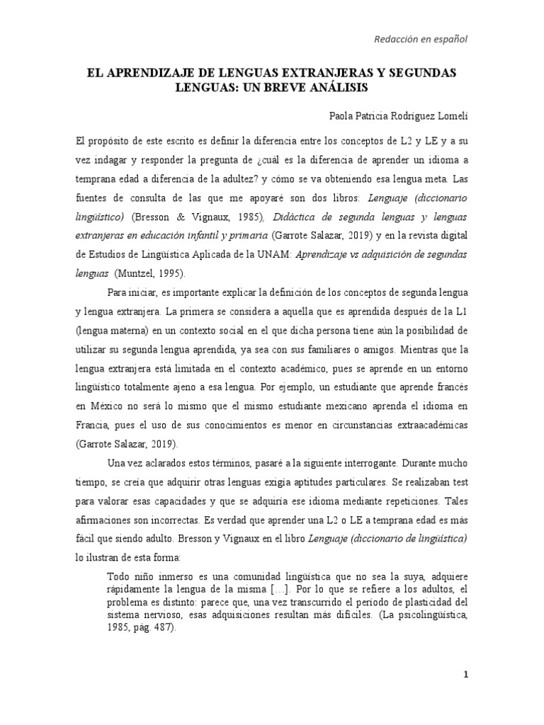 La Adquisición de Lenguas Extranjeras y Segundas Lenguas en La Infancia | PDF | Segundo lenguaje ...