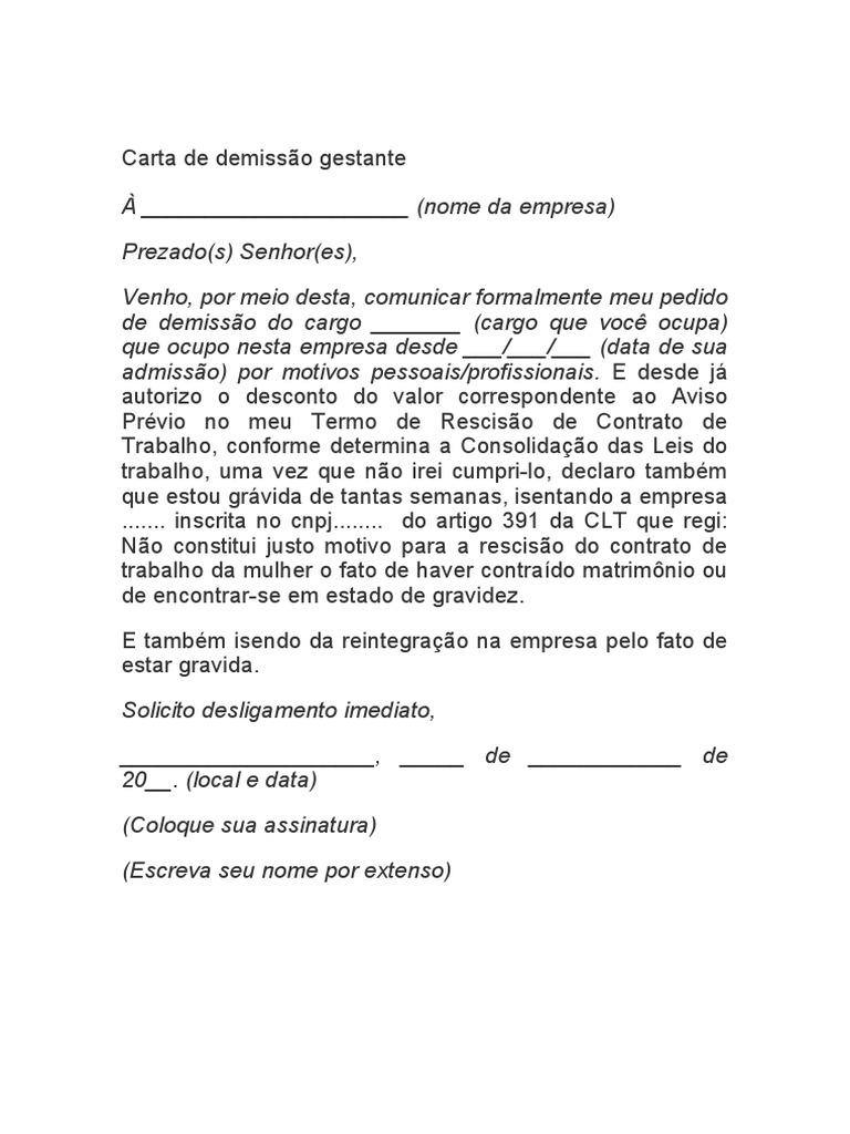Carta demissão gestante CLT | PDF Carta demissão gestante CLT | PDF