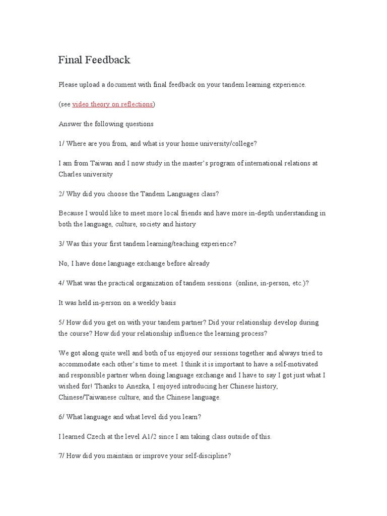 Final Feedback - Tandem Language Exchange | PDF | Learning | Taiwan