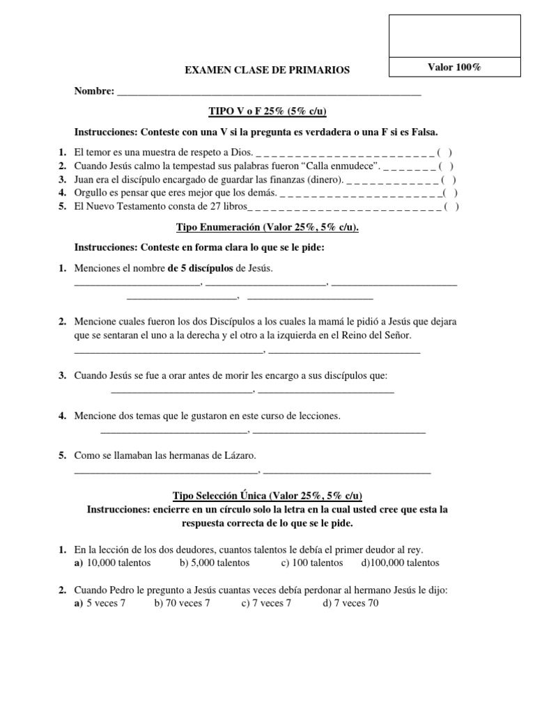 Examen Clase de Primarios | PDF | Jesús