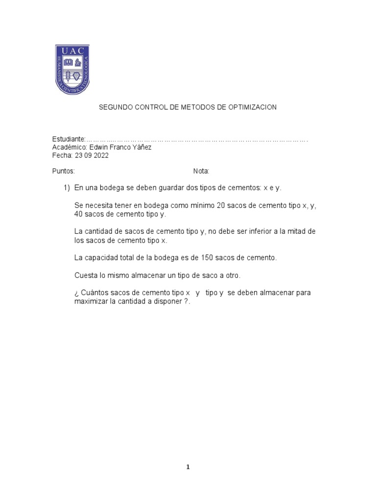Segundo Control de Met de Opt 23 09 22 | PDF | Negocios
