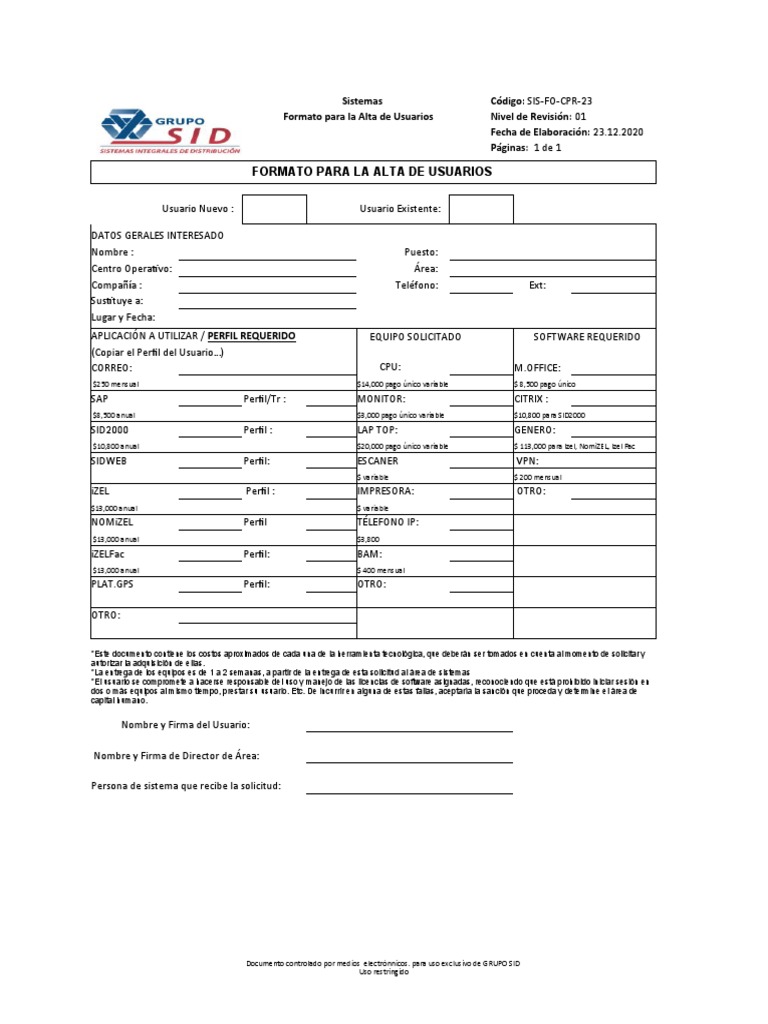 1 SIS-FO-CRP-23-Formato de Alta de Usuarios - 3 | PDF | Usuario ...