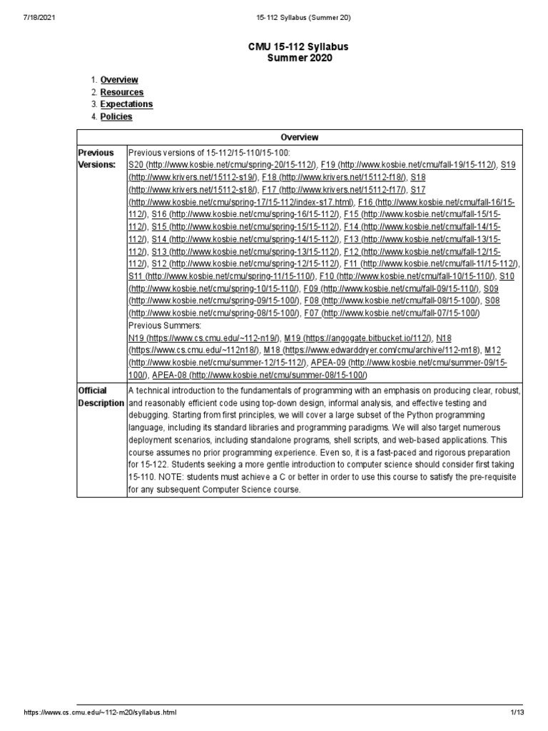 15-112 Syllabus (Summer 20) | PDF | Test (Assessment) | Computer ...