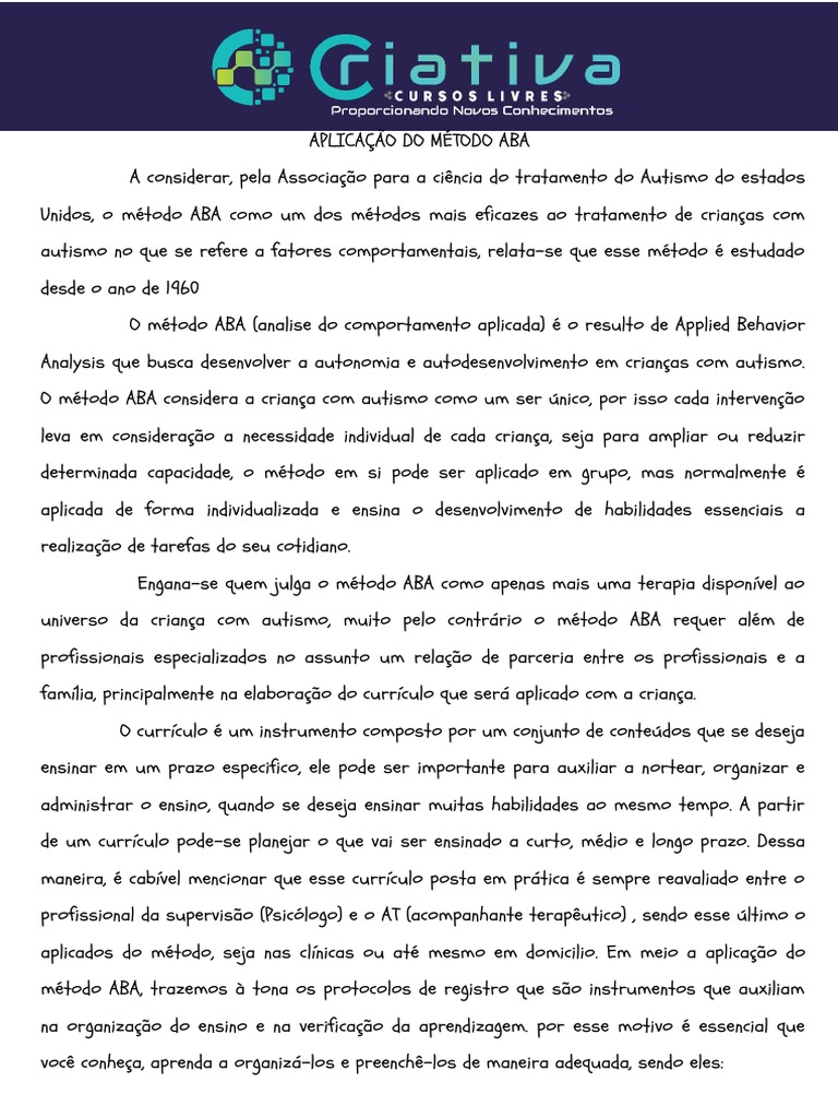 Aplicacao Do Metodo ABA | PDF | Autismo | Comportamento