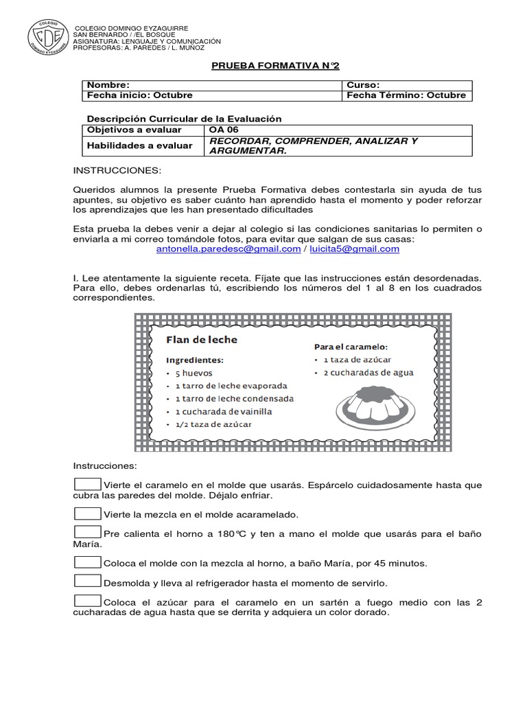Prueba Formativa 2 Lenguaje 3° Básico | PDF | Alimentos | Cocina