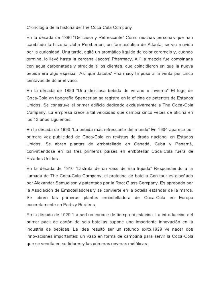 Cronología de La Historia de The Coca | PDF | La compañia de coca Cola ...