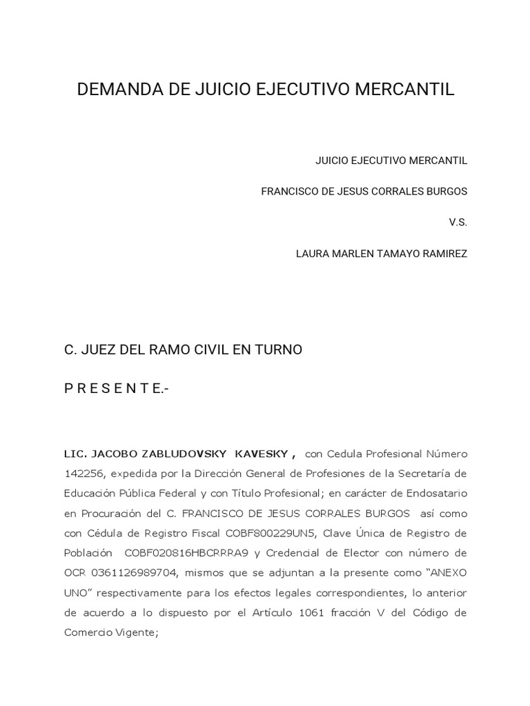 Demanda De Juicio Ejecutivo Mercantil Pdf Gobierno Justicia