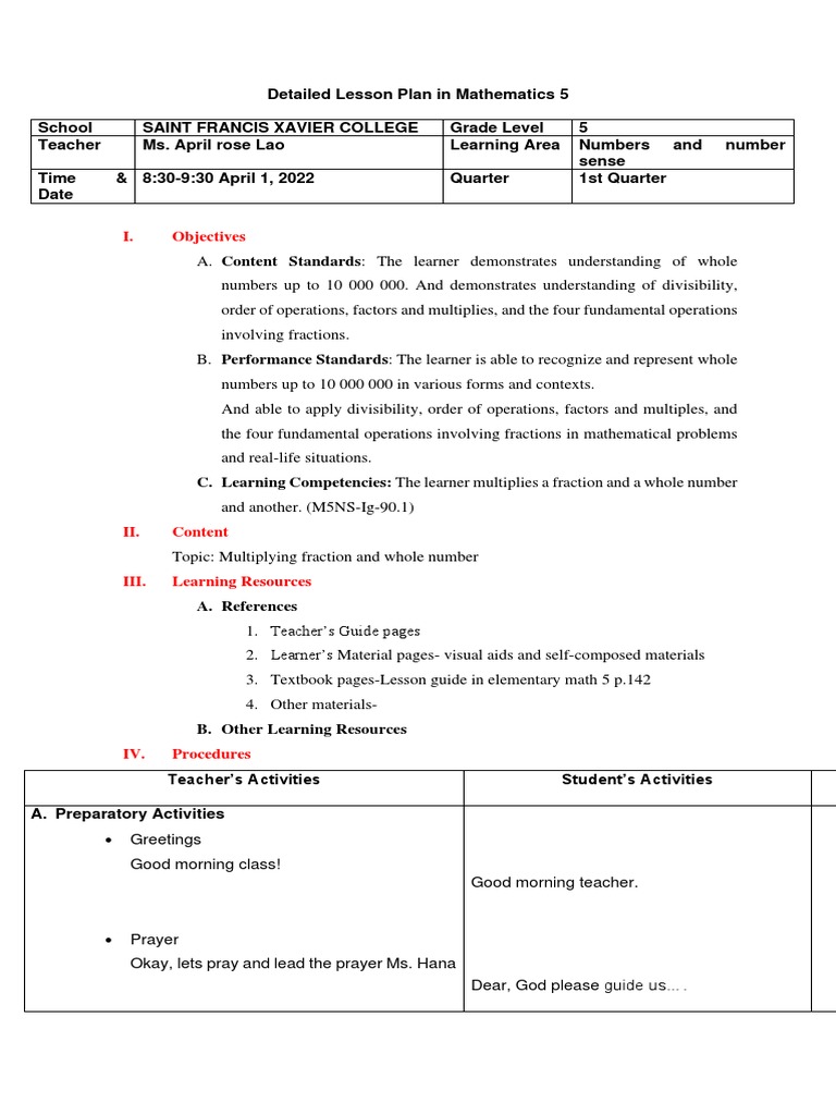 5th Grade Lesson Plan: Multiplying Fractions | PDF | Mathematics | Cognition
