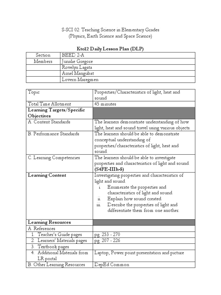 S SCI 02 Kto12 Daily Lesson Plan | PDF | Light | Sound