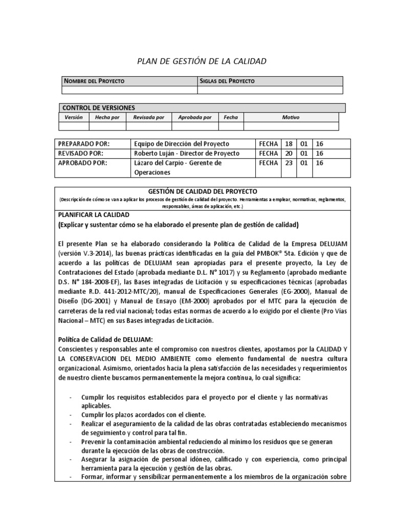 8 Plan de Gestion de La Calidad | PDF | Calidad (comercial) | Sistema de manejo de calidad