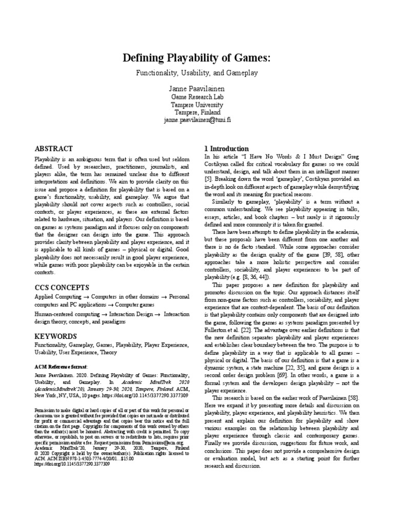 2020 Paavilainen Defining Playability of Games | PDF | Usability ...