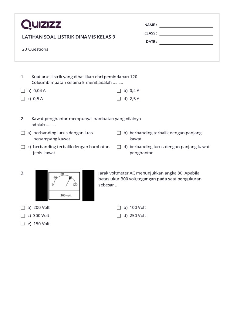 Latihan Soal Listrik Dinamis Kelas 9 - Print - Quizizz | PDF