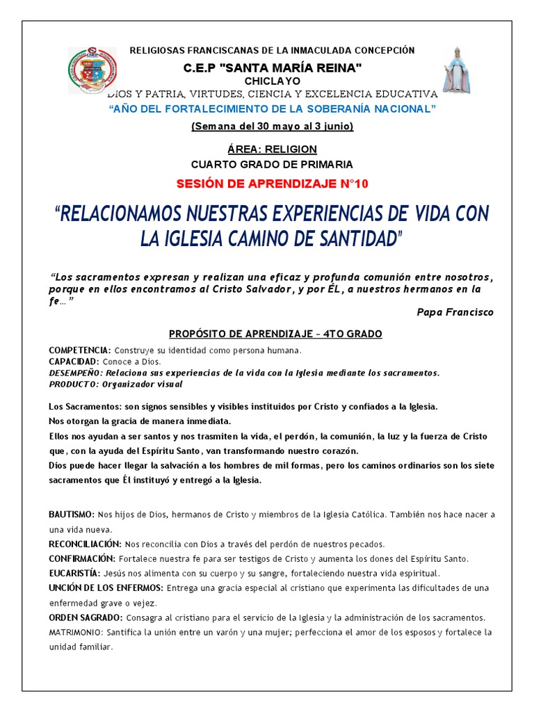 Sesion de Aprendizaje Religion - 4to - N10 - La Iglesia Camino de Santidad - Ficha | PDF ...