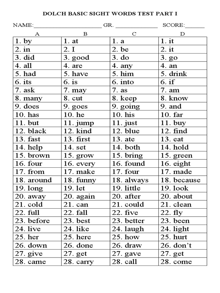Dolch Basic Sight Words Test 1 | PDF