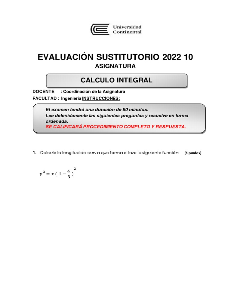 Examen Sustitutorio Calculo Integral - 2022 10 Propuesto | PDF | Integral | Prueba (evaluación)