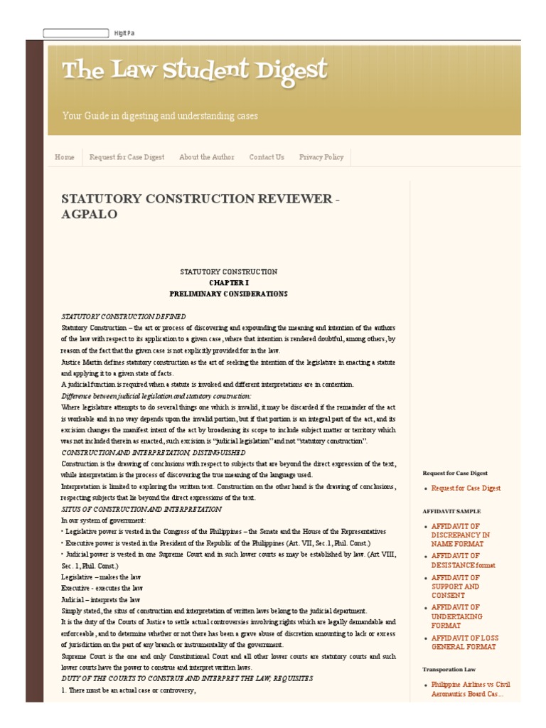 The Law Student Digest - Statutory Construction Reviewer - Agpalo | PDF ...