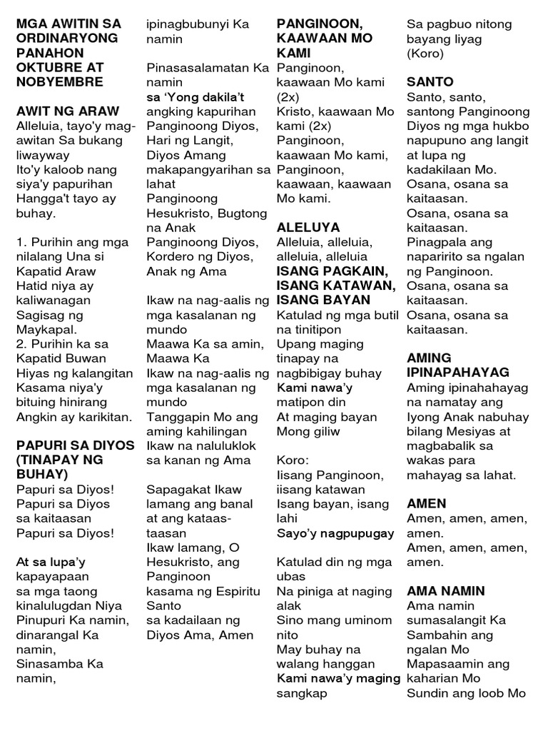 Mga Awitin Sa Ordinaryong Panahon Oktubre at Nobyembre | PDF