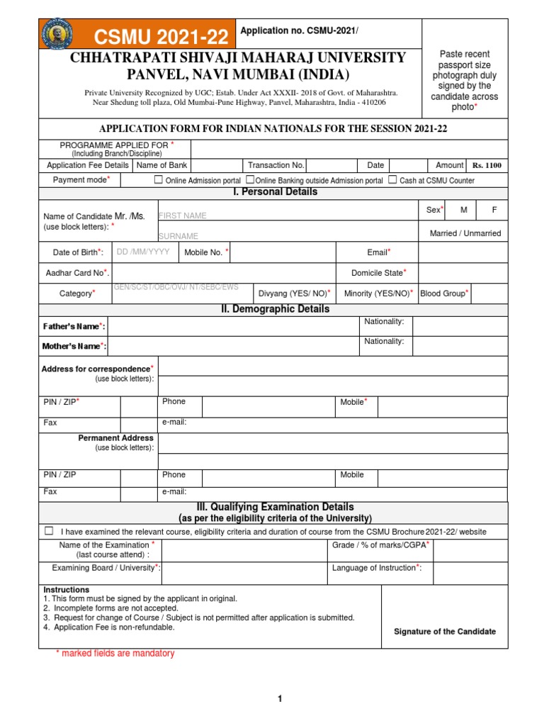 CSMU Application Form Indian Nationals 2021 | Download Free PDF ...