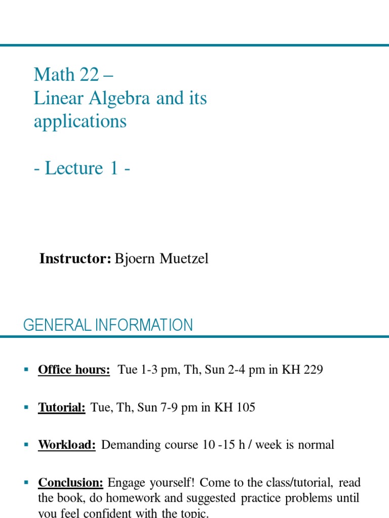 Math22 Lecture1 f19 | PDF | System Of Linear Equations | Matrix (Mathematics)