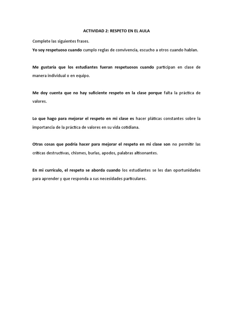 Actividad 2 Respeto en El Aula | PDF | Comportamiento | Verdad