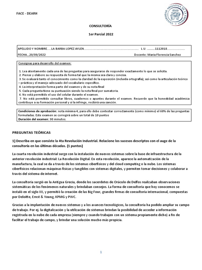 1er Parcial Consultoria 2C2022 | PDF | Prueba (evaluación) | Business