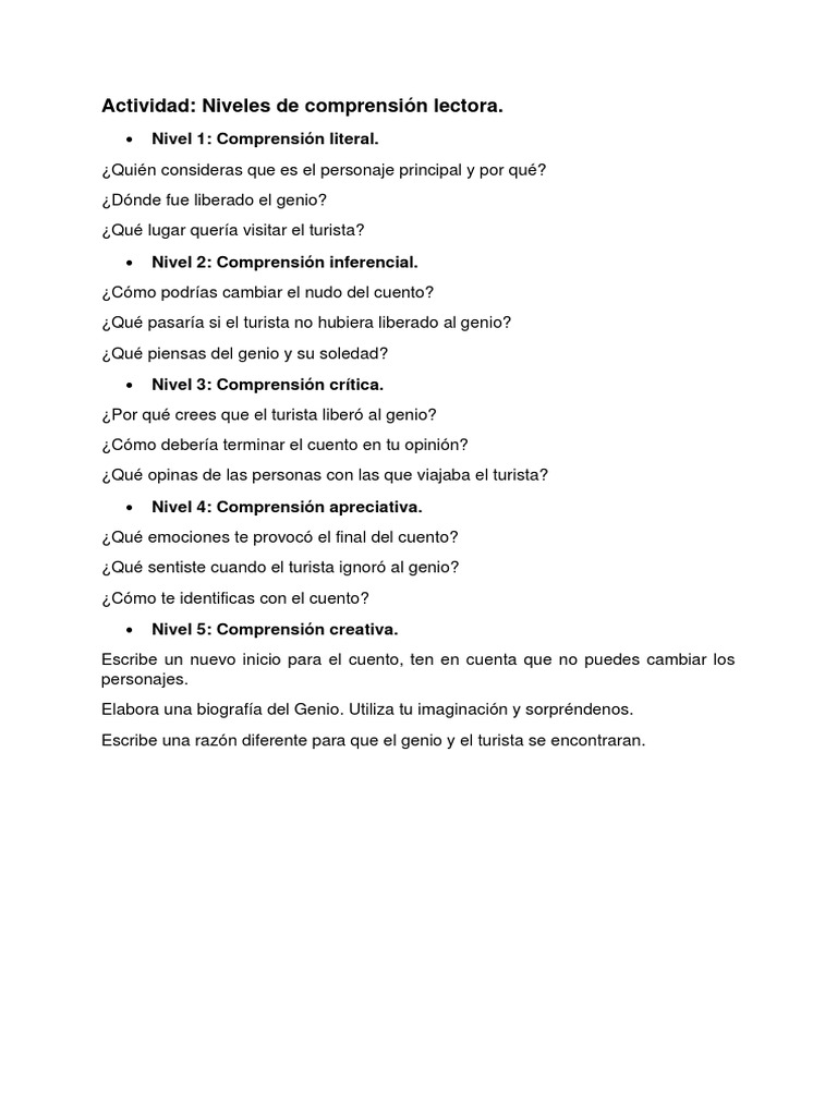 Niveles de Comprensión Lectora-Actividad | PDF | Novela negra ...
