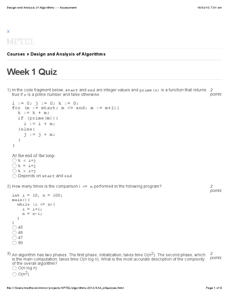 DAA All-Quizzes | PDF | Time Complexity | Combinatorics