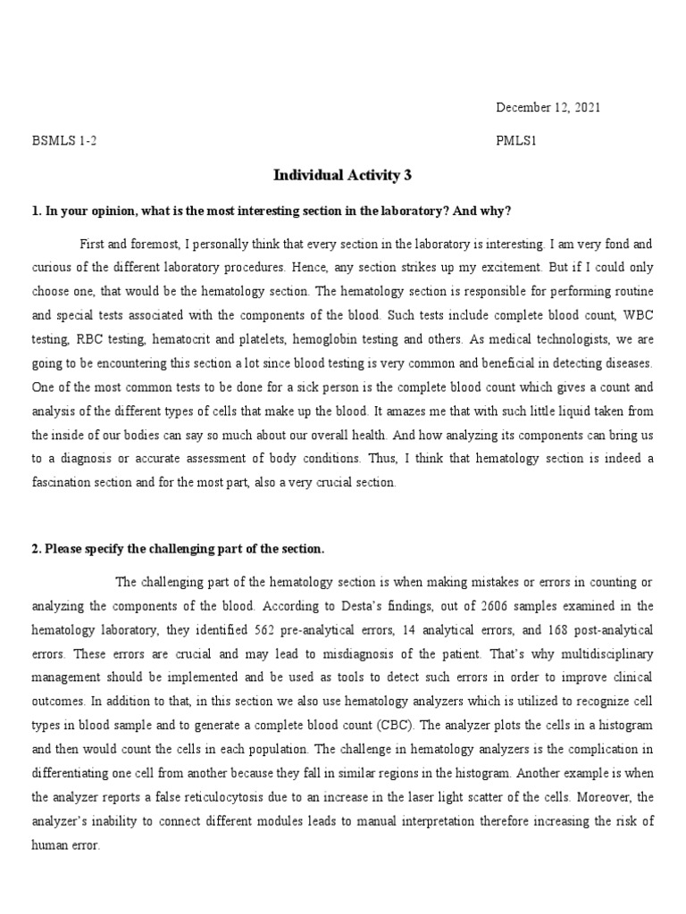 Sections of Lab - Essay | PDF | Blood | Hematology