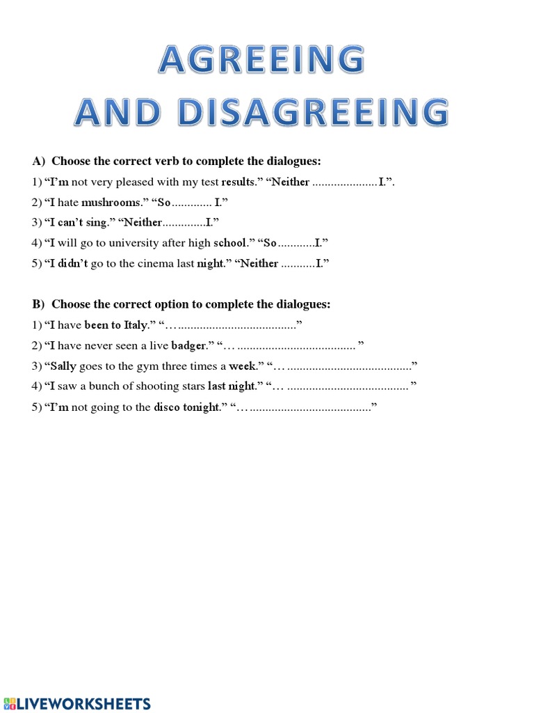 Agreeing and Disagreeing - Worksheet 1 | PDF