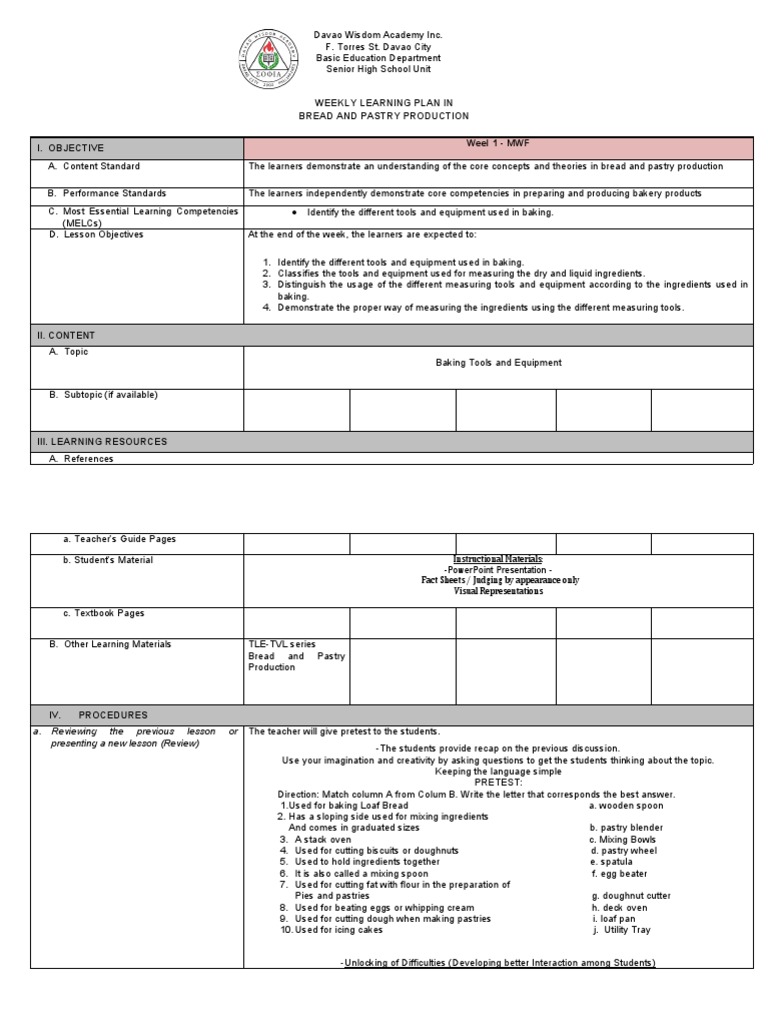 Week 1 BPP Learning Plan | Download Free PDF | Baking | Oven