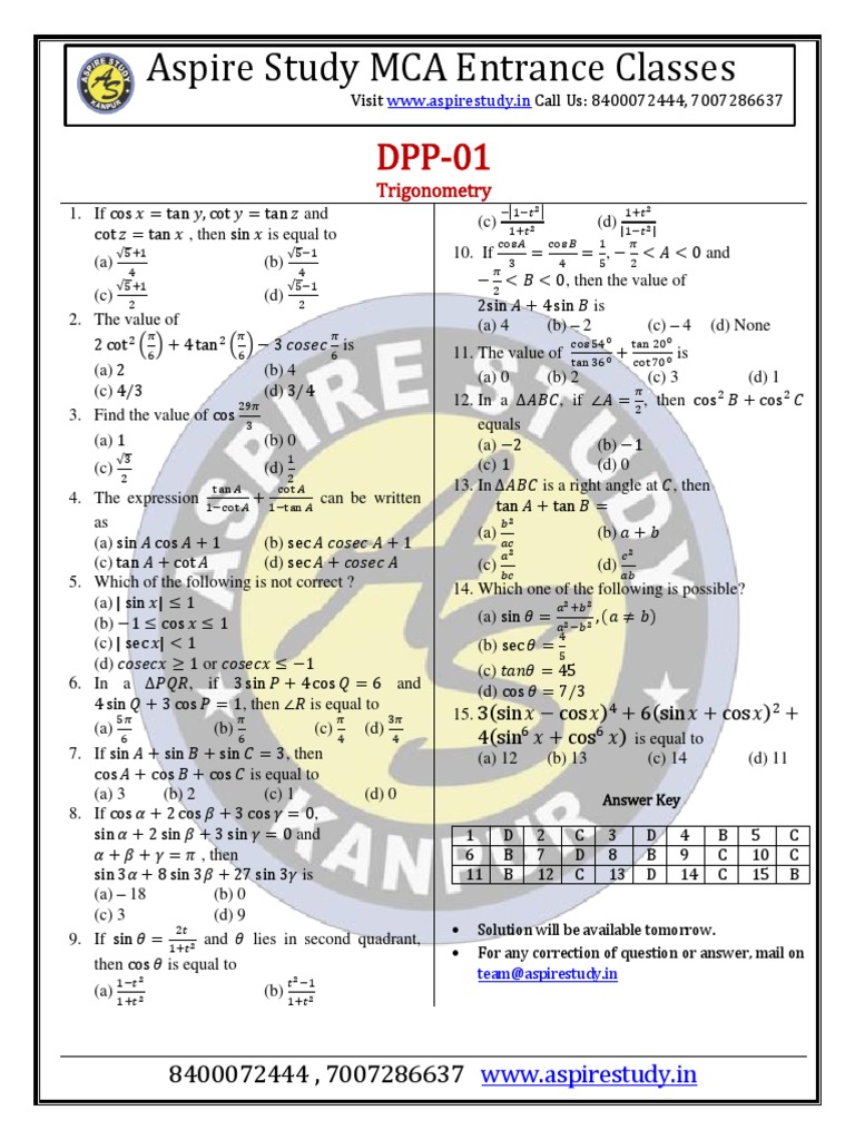 DPP 01 Trigonometry - 1046575 - 2022 - 09 - 26 - 14 - 33 | PDF | Trigonometry | Elementary Geometry