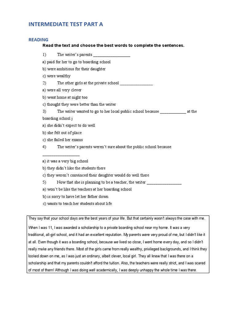Intermediate Reading Comprehension Test | PDF | Boarding School