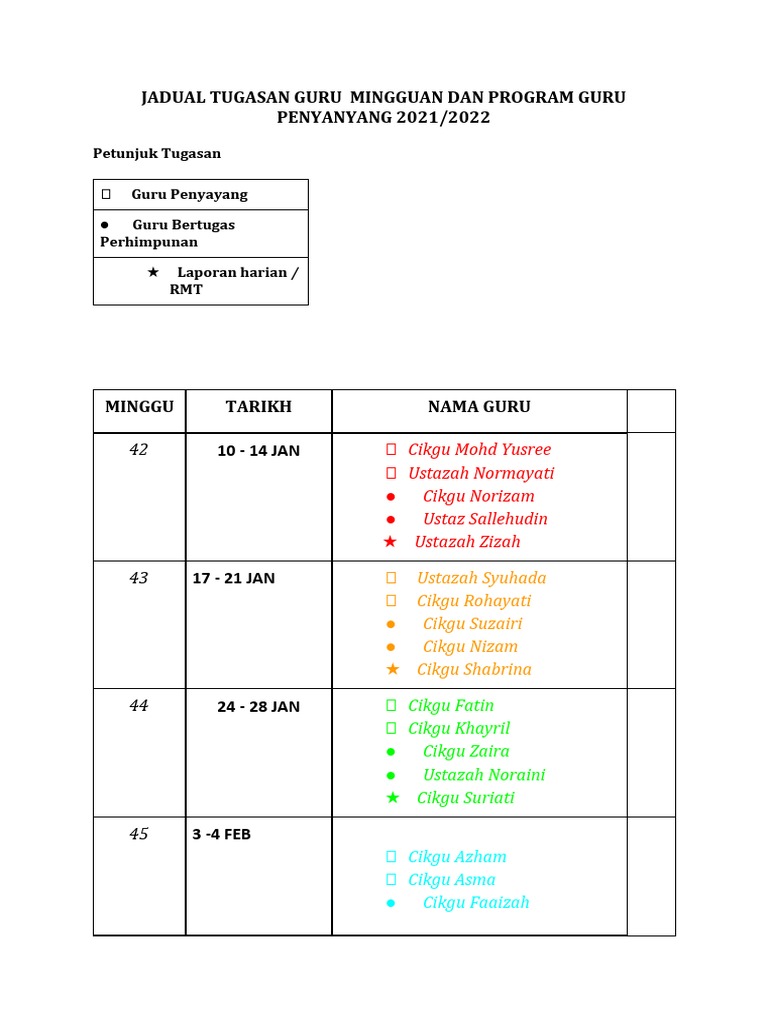JADUAL TUGASAN MINGGUAN DAN Program Guru Penyayang 2022 | PDF