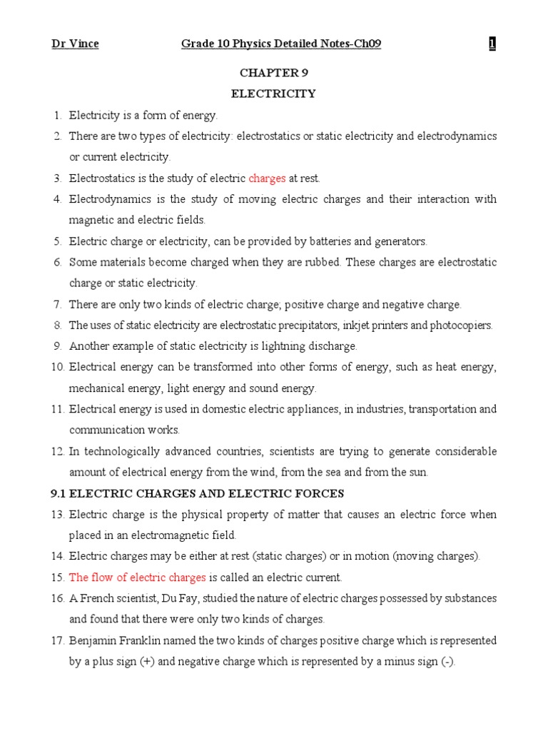 Charges: DR Vince Grade 10 Physics Detailed Notes-Ch09 Electricity ...